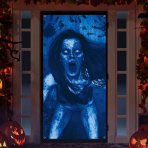 roetyce halloween door decorations, scary halloween front door banner backdrop, halloween themed window and door sign cover banner party supplies, halloween porch decorations for indoor/outdoor