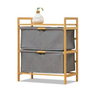 magshion storage dresser with 2 drawers, bamboo frame fabric storage tower, end side table nightstand with 2 fabric bins, chest storage organizer for bedroom, living room, hallway