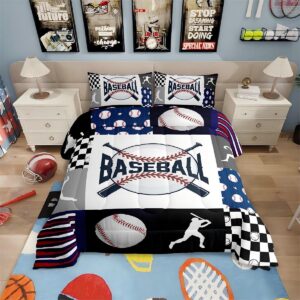 baseball bedding,kids sports baseball comforter set for boys girls twin size,teen baseball quilt set sport fans room decor,patchwork geometric checkered comforter balck white navy blue 1 pillowcase