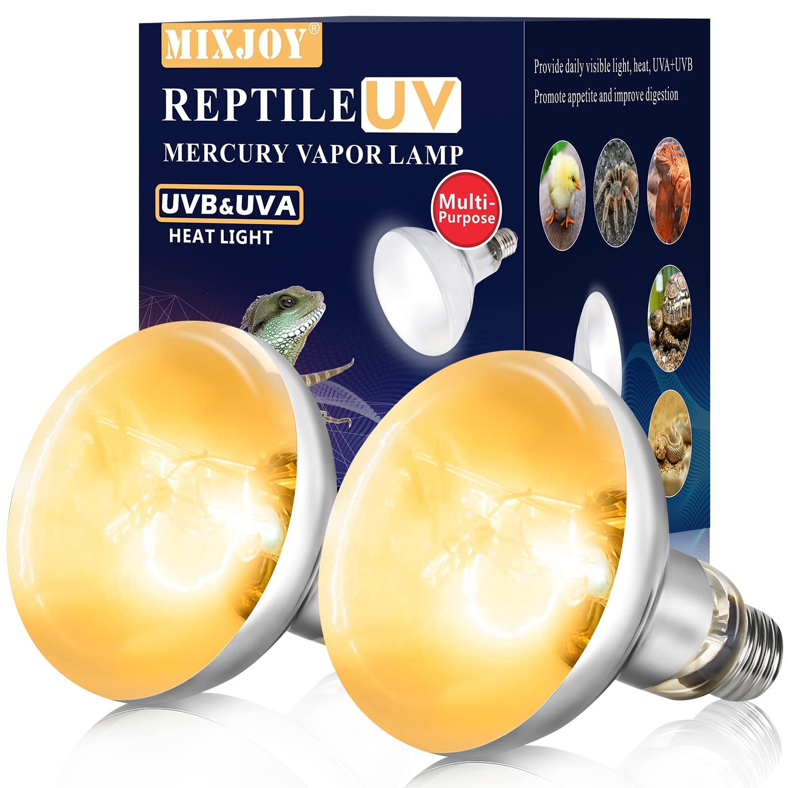 MIXJOY 2 Pack 100W Reptile Heat Lamp Bulb Full Spectrum UVA UVB Sun Light for Reptile and Amphibian Use