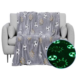 glow in the dark blanket soccer for kids boys girls fun soft plush flannel furry fluffy nap sleep blanket, christmas thanksgiving birthday magical decor luminous throw 50"x60"