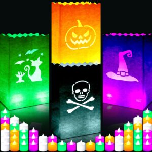 meanplan 48 pcs halloween luminary bags with led light candles set 24 pcs luminary candle bags 24 pcs led tealight candles ghost lantern bags for halloween outdoor indoor patio decorations (novel)