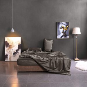 all star linen 100% silk satin zipper closure king/cal-king 94x104 duvet cover charcoal comforter cover 5 piece