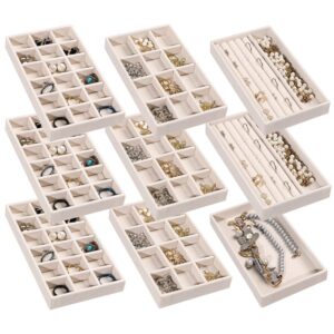 frebeauty jewelry organizer tray,stackable velvet jewelry trays,drawer inserts earring organizer for women girls jewelry storage display case for rings stud necklaces,set of 9(beige)