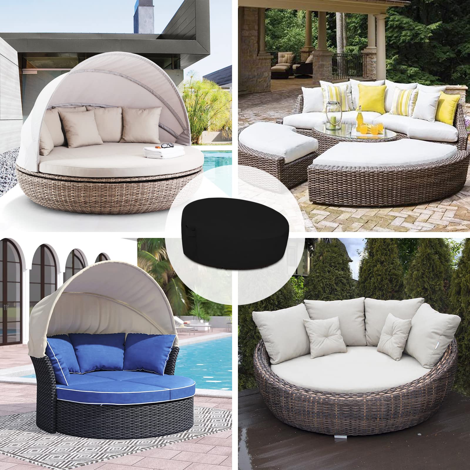 Easy-Going Heavy Duty 600D Outdoor Daybed Cover 75 Inch UV Resistant Patio Round Sofa Cover Waterproof Outdoor Canopy Daybed Sofa Cover with Air Vent 75" Dia x 35"/18" H, Black