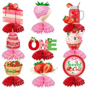 9 pieces strawberry sweet one honeycomb centerpieces strawberry first birthday party table decorations 1st table centerpieces toppers for baby girls boys baby shower birthday party supplies