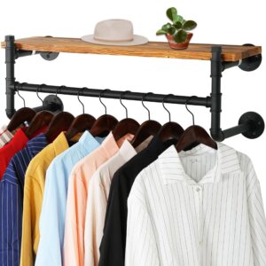 webi wall mounted clothes rack with shelf,32" industrial pipe clothing rack with shelves,heavy duty iron garment rack bar,retail display clothes rod for clothes,laundry room,black