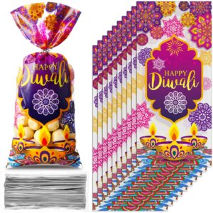 100 pieces happy diwali party favor bags, festival of lights gift candy bags with twist ties cellophane plastic treat goodie bags for diwali party, indian lights celebration party supplies decoration