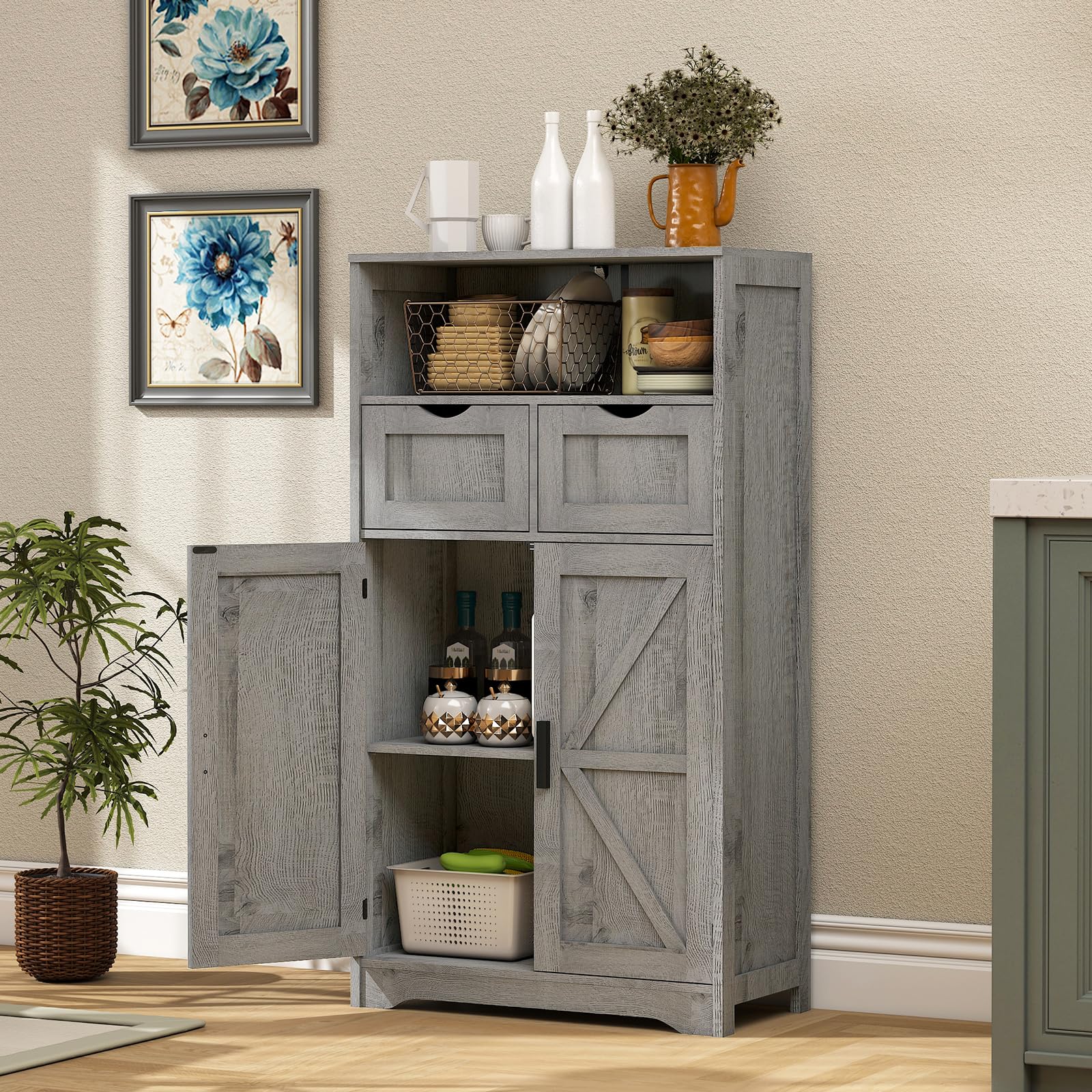 WEENFON Bathroom Cabinet, Storage Cabinet with 2 Adjustable Drawers & 2 Barn Doors, Standing Cupboard with 2 Shelf, Floor Cabinet for Living Room, Home Office, Kitchen, Grey