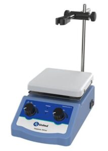 united scientific™ eco-heat™ hot plate with magnetic stirrer, 5" x 5" aluminum top, 0 to 280° c temperature range, includes 1” teflon-coated stir bar and a support stand, 1l capacity