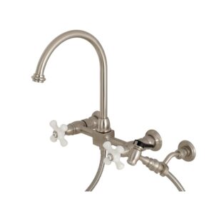 kingston brass ks1298pxbs restoration wall mount bridge kitchen faucet with brass sprayer, brushed nickel