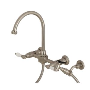 kingston brass ks1298plbs restoration wall mount bridge kitchen faucet with brass sprayer, brushed nickel