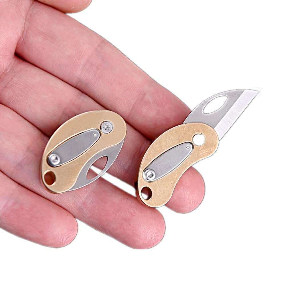 KUNSON Ultra Small Little Folding Pocket Brass Knife with 5Cr13MoV Stainless Steel Blade, Mini EDC Portable Knife/Box Cutter/Package Opener, Ultra Compact and Lightweight Tools