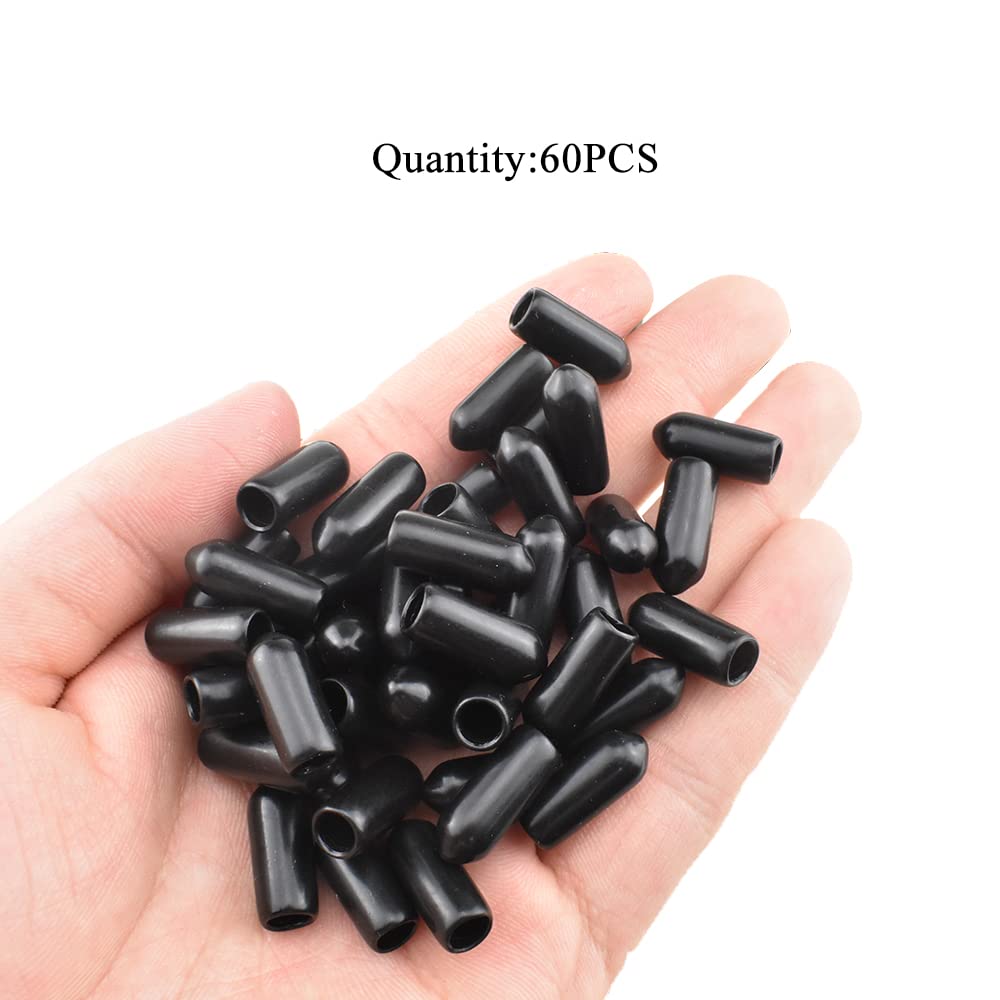 Acoeitl Round Rubber End Tube Bolt Caps Cover Plug Insert Screw Thread Protectors 3/16 inch Inner Diameter 16.3mm Length Flexible Cover Sharp Tip Prevent Table Scratch Not Leave Marks Black 60Pcs