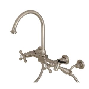 kingston brass ks1298axbs restoration wall mount bridge kitchen faucet with brass sprayer, brushed nickel