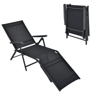 tangkula folding lounge chair outdoor, recliner chaise lounge with 5-position adjustable backrest & 2-position footrest, no assembly required, suitable for patio poolside beach yard (1, black)