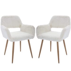 furry desk chair set of 2, mid-century modern accent faux fur chair for teen girls, comfy armchair with wood look metal legs for living dining room, home vanity makeup office desk chair no wheel,white