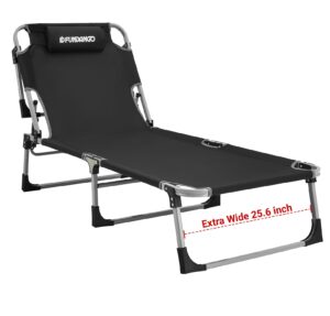 fundango outdoor folding chaise lounge chair with pillow for beach, patio, pool, lawn, sunbathing, 5-position adjustable camping reclining chair for adults, widened