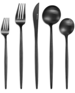 keawell mia 20-piece fine flatware set, 18/10 stainless steel, service for 4, sleek and modern silverware set. gift box. (matte black)