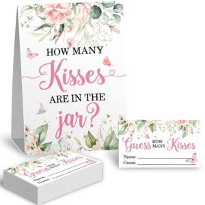 kadiak how many kisses bridal shower game raffle cards kit (1 standing sign + 50 guessing cards), watercolor floral butterfly girl baby shower game cards, shower party decorations raffle insert ticket