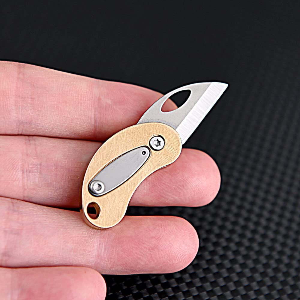 KUNSON Ultra Small Little Folding Pocket Brass Knife with 5Cr13MoV Stainless Steel Blade, Mini EDC Portable Knife/Box Cutter/Package Opener, Ultra Compact and Lightweight Tools