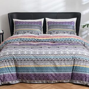 lekesky boho duvet cover queen size, bohemian purple blue retro floral print comforter cover set, 3pcs luxury soft microfiber bedding set with zipper ties