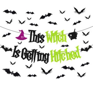 this witches is getting hitched banner with 32 pcs 3d bats props decoration for halloween bachelorette bachelor engagement wedding bridal shower hallows celebration anniversary party decor supplies