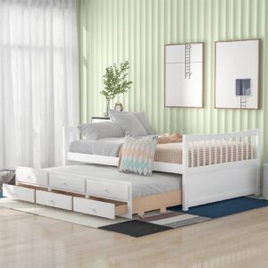 bellemave full daybed with trundle and storage drawers wood full size bed frame with 3 drawers wooden platform beds for kids boys girls teens, white