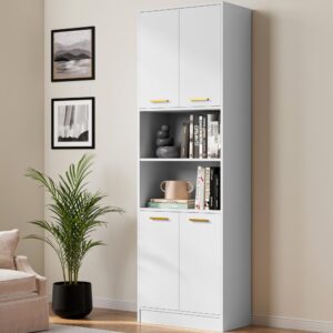 kitchen pantry storage cabinet 75" tall 4 doors wood freestanding cupboard with open countertop and adjustable shelves utility hutch cabinet for dining room living room laundry bathroom, white