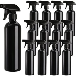 topzea 12 pack empty spray bottles, 16oz plastic durable black spraying bottles with mist and stream option, leak-proof sprayers for cleaning solutions, alcohol, essential oils, hair misting