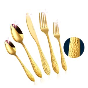 vivani arlox 40-piece gold vintage silverware set, hammered gold flatware set for 8, stainless steel gold utensils cutlery set, mirror polished, dishwasher safe