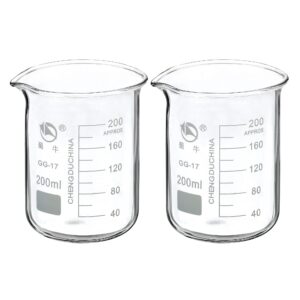 patikil 200ml low form glass beaker, 2 pack 3.3 borosilicate glass graduated printed scale measuring cups with spout for kitchen lab liquids transit boiling