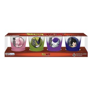 abystyle dragon ball z kakarot villans 4 shot glasses 1.5 oz. featuring buu, cell, frieza, and vegeta dbz anime manga drinkware home essentials gift