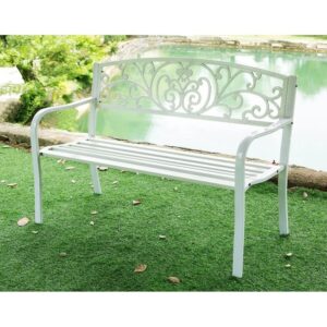 garden bench white scroll backrest 50 inch long metal, medium