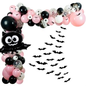 halloween balloon arch garland kit, 124 pcs18" 10" 5" black pink balloons big bat foil balloon with 3d pvc bat halloween decorations for halloween baby shower halloween party supplies