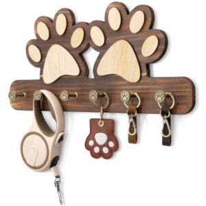 mtersn farmhouse key holder for wall - decorative dog leash hanger wall mounted and coat rack with 5 unique 3d dog claw hooks - dog accessories organizer for rustic home decor（brown）