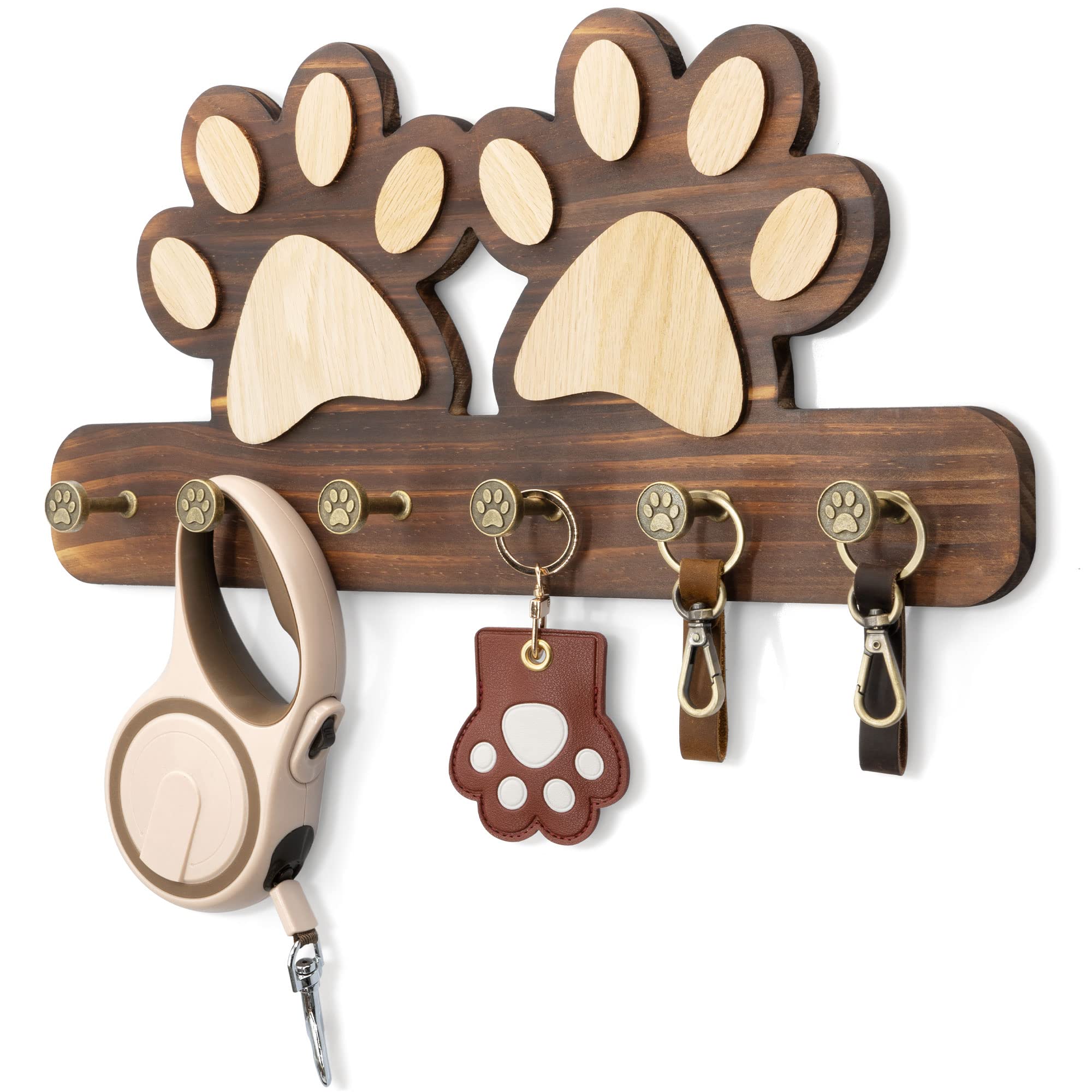 MTERSN Farmhouse Key Holder for Wall - Decorative Dog Leash Hanger Wall Mounted and Coat Rack with 5 Unique 3D Dog Claw Hooks - Dog Accessories Organizer for Rustic Home Decor（Brown）