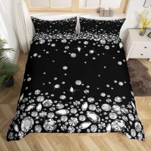 silver glitter duvet cover set queen diamond star sky floral bedding set 3pcs for kids teens girls boys room decor bling party theme comforter cover black microfiber quilt cover with 2 pillowcases