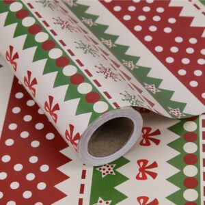 aimyoo vintage red green christmas wrapping paper jumbo roll, xmas gift wrap paper 17 in x 32 ft, snowflakes bows stars dots stripes design