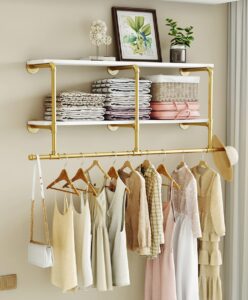 maikailun wall mounted clothes rack gold with shelf, 52" long industrial pipe clothing rack with 2 tier shelves heavy duty iron garment rack bar,retail display clothes rod for clothes,laundry room