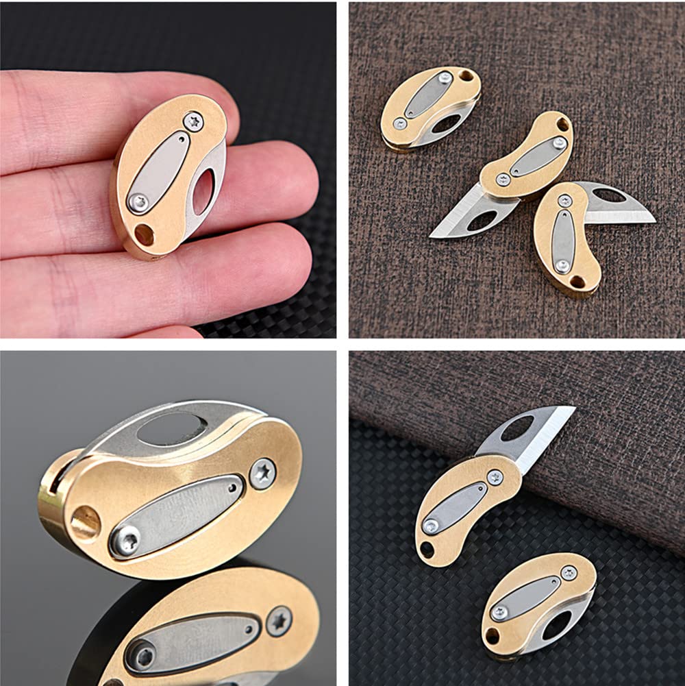 KUNSON Ultra Small Little Folding Pocket Brass Knife with 5Cr13MoV Stainless Steel Blade, Mini EDC Portable Knife/Box Cutter/Package Opener, Ultra Compact and Lightweight Tools