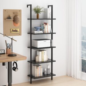 karl home ladder shelf 5 tier wall mounted bookcase with metal frame, open design shelves for living room, bedroom, home, dark walnut (23.62" l x 11.81" w x 70.87" h)