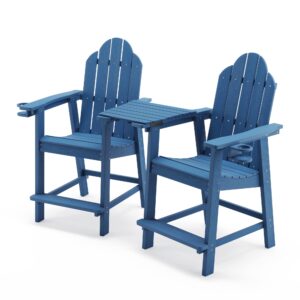 lue bona tall adirondack chairs set of 2 with removable table,poly adirondack chair bar stools with cup holder, 25.6", 300lbs, weather resistant lifeguard chair for balcony,deck