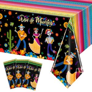 3 pieces day of the dead tablecloth dia de los muertos table cover halloween sugar skull floral table cover mexican fiesta plastic tablecloth for halloween mexican fiesta party supplies, 54 x 108 inch