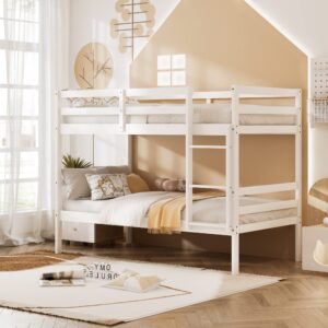 komfott wood bunk bed twin over twin, bunk bed with ladder & safety guardrail, solid wood bed frame, ideal for dormitory & multiple-child family, no box spring needed, kids bunk bed