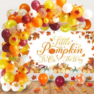 little pumpkin baby shower decorations, little pumpkin balloon garland arch kit with little pumpkin photography backdrop banner for fall theme little pumpkin baby shower party decorations