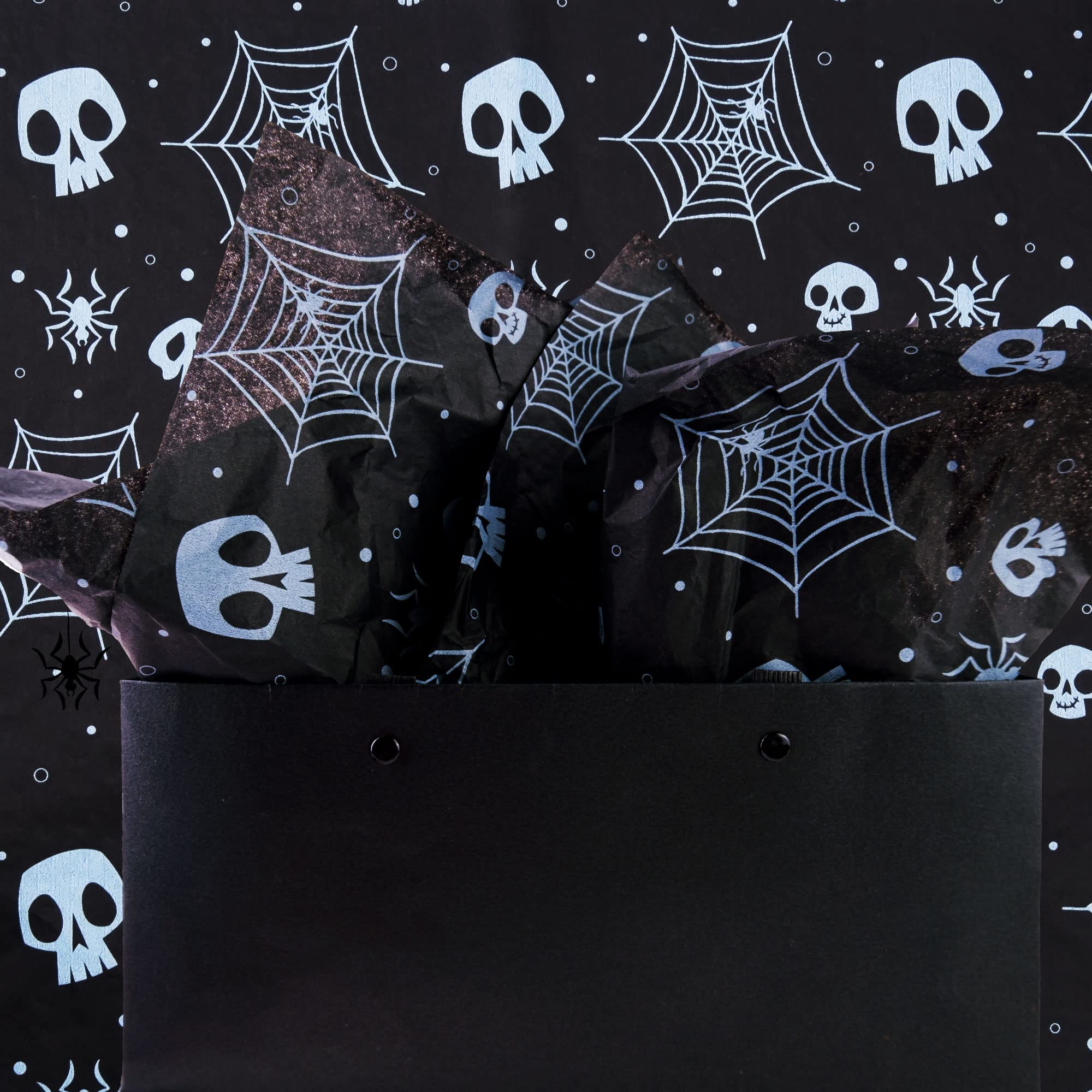 MR FIVE 30 Sheets Black Halloween Tissue Paper Bulk,20" x 28",Black with White Skull Spider Web Pattern Tissue Paper,Halloween Tissue Paper for Gift Bags,Skull Tissue Paper for Halloween Party