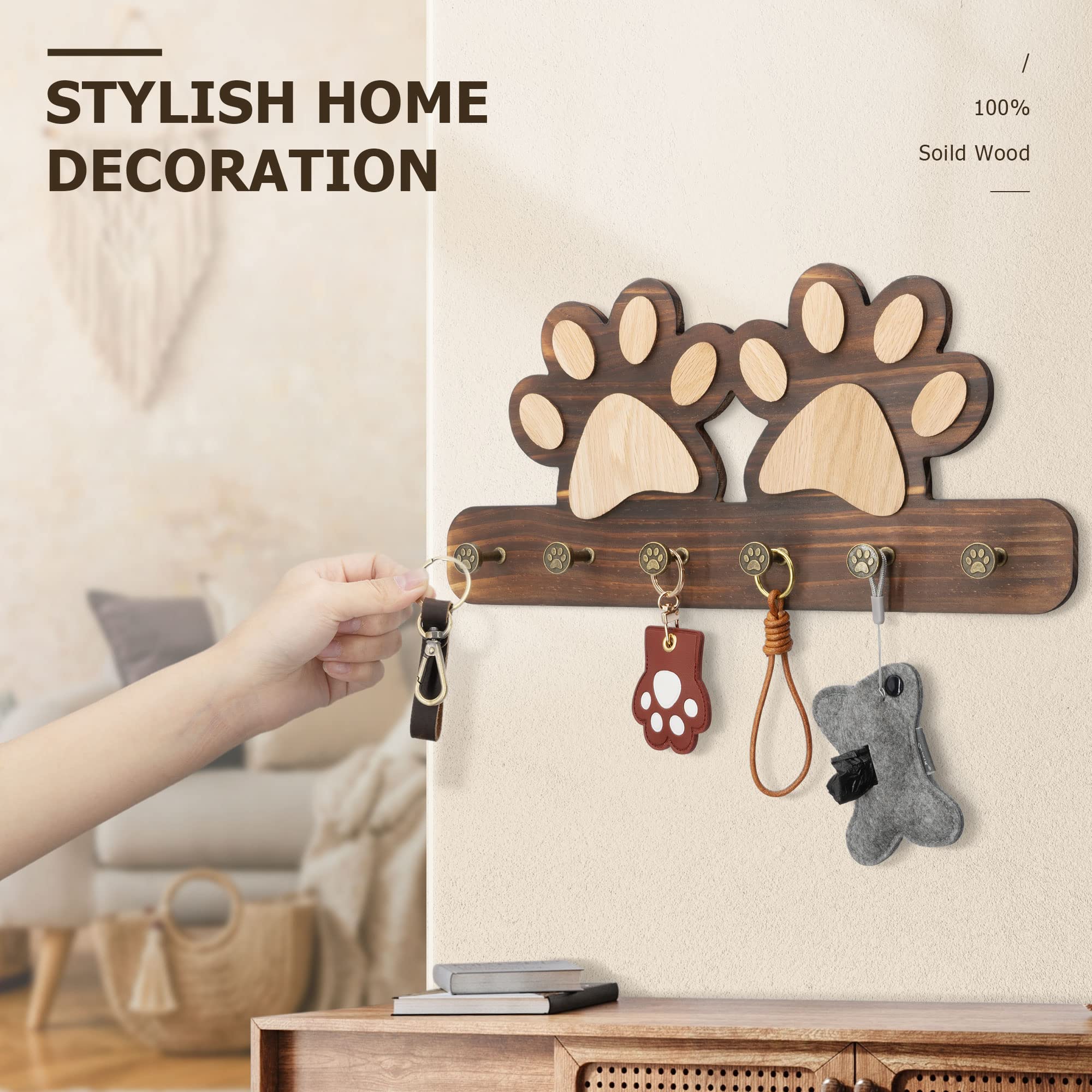 MTERSN Farmhouse Key Holder for Wall - Decorative Dog Leash Hanger Wall Mounted and Coat Rack with 5 Unique 3D Dog Claw Hooks - Dog Accessories Organizer for Rustic Home Decor（Brown）