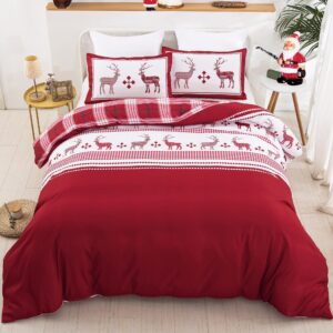 christmas duvet cover set king, reversible reindeer red plaid comforter cover with zipper closure, 3 pieces soft microfiber new year xmas holiday bedding cover set with 2 pillowcases