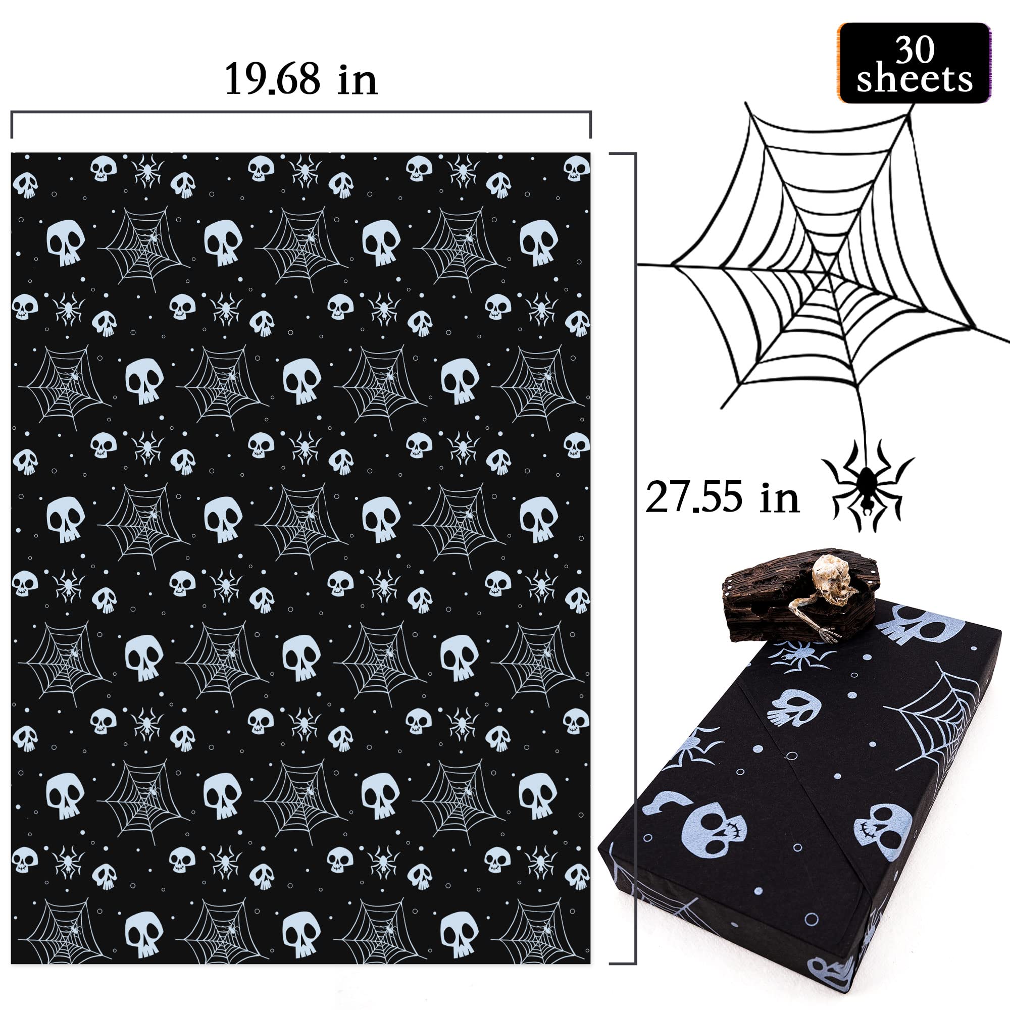 MR FIVE 30 Sheets Black Halloween Tissue Paper Bulk,20" x 28",Black with White Skull Spider Web Pattern Tissue Paper,Halloween Tissue Paper for Gift Bags,Skull Tissue Paper for Halloween Party